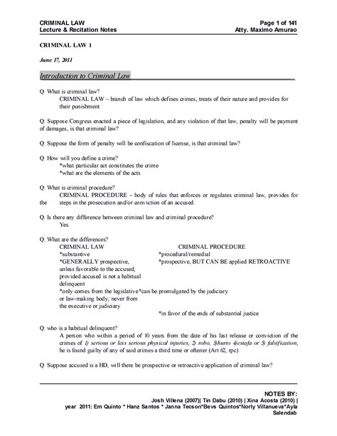 Amurao Notes 1 Crim Law Lecture And Recitation Notes Atty Maximo