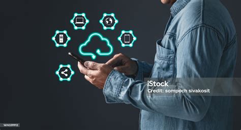 Man Use Cloud Computing Diagram Show On Handdata Storagethe Use Of Online Digital Network