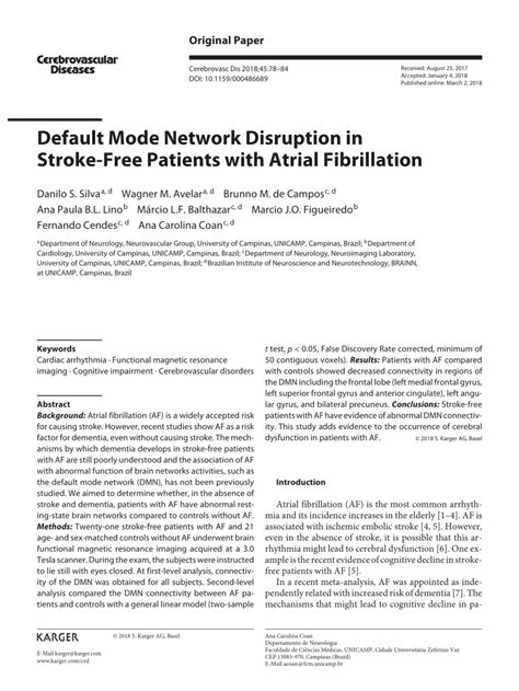 Pdf Default Mode Network Disruption In Stroke Free Patients With