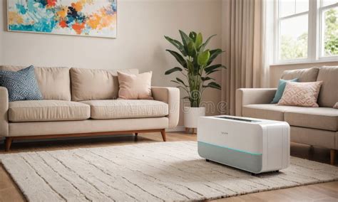 Modern Living Room Features Beige Sofa White Air Purifier And Large