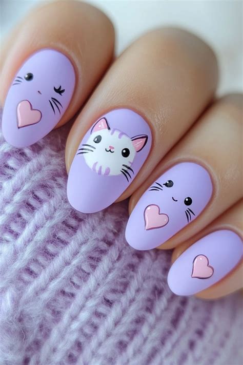 Pastel Purple Nails With Adorable Curled Up Kitten 🐾 Cute Spring Nail