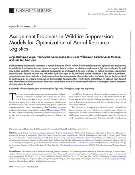 Pdf Assignment Problems In Wildfire Suppression Models For Optimization Of Aerial Resource