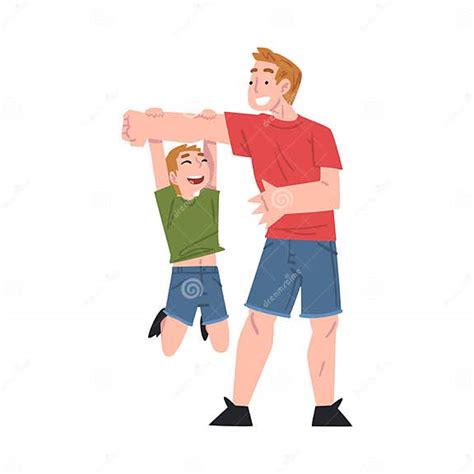 Pappa Leker Med Sin Lilla Son Pojke Som Hänger På Pappa Far Och Hans