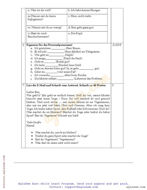 Class 8 German Sample Paper Half Yearly Exam 2025 8th German Half