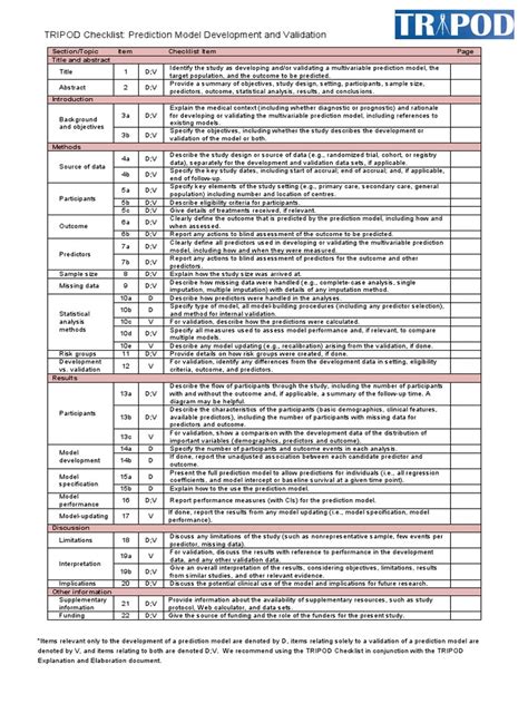 Tripod Checklist Prediction Model Development And Validation Pdf Pdf Dependent And