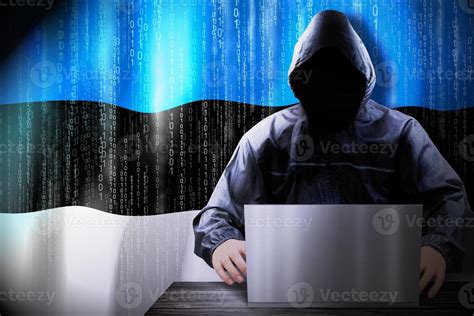 anonymous hooded hacker and flag of estonia binary code cyber attack