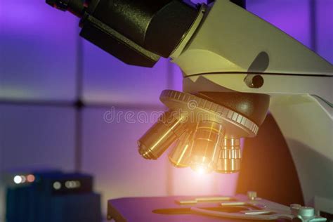 Microbiological Laboratory Microscope In Laboratory Interior Stock