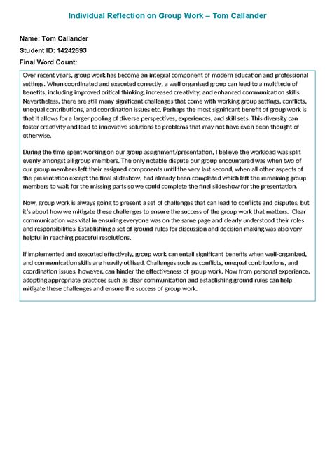 Individual Reflection On Group Work When Coordinated And Executed Correctly A Well Organised