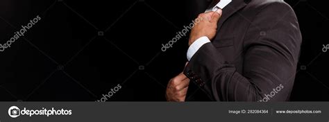 Panoramic Shot Racial Man Touching Formal Wear Isolated Black ⬇ Stock