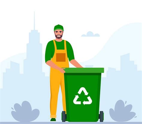 garbage man in uniform with green trash bin and recycling symbol on it