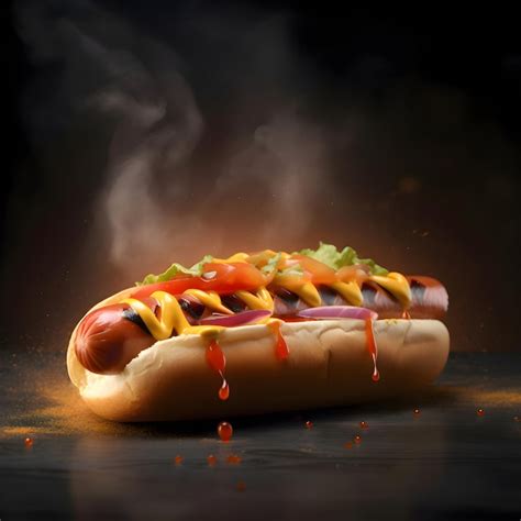 Hot dog à la moutarde et au ketchup sur fond noir avec de la fumée