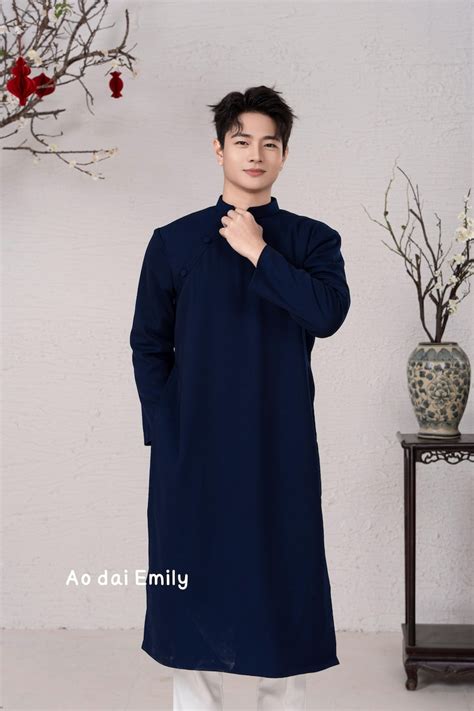 Plain Midnight Blue Ao Dai For Men Basic Pre Made Ao Dai For Men Slim
