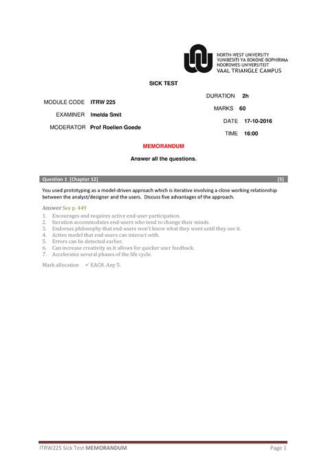 Sick Test MEMO PAST PAPER SICK TEST DURATION 2h MODULE CODE ITRW
