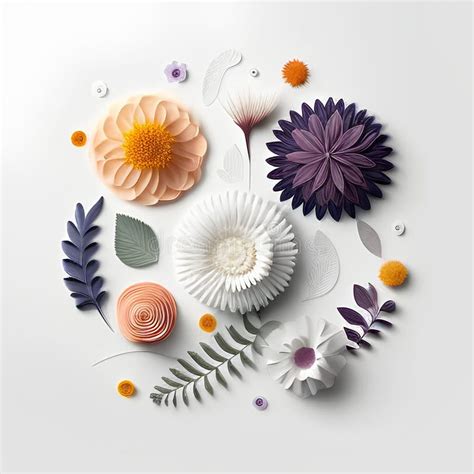 D Paper Cut Flowers And Leaves On White Background Vector Illustration Stock Image Image Of