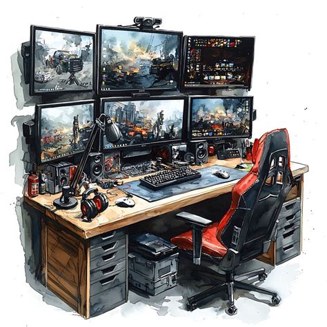 Immersive Gaming Setup Multimonitor Workstation Stock Illustration