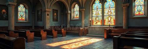 Sunlit Empty Church Interior With Stained Glass Windows And Wooden Pews