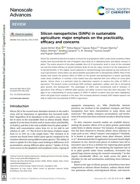 PDF Silicon Nanoparticles SiNPs In Sustainable Agriculture Major Emphasis On The