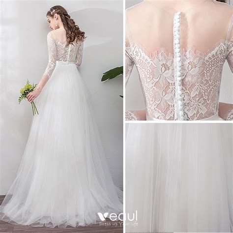 Elegant Ivory Wedding Dresses A Line Princess Scoop Neck Lace Flower Sleeve Covered