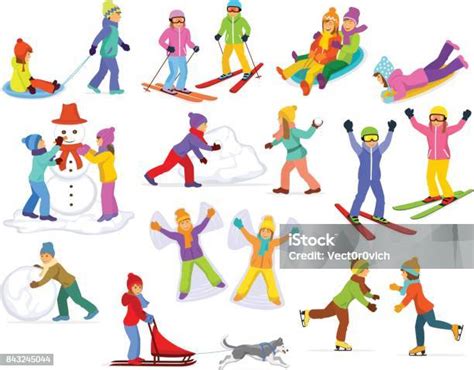 아이 들 겨울을 즐기는 재미 있는 눈과 얼음에서 활동 썰매 타기 스키 피겨 스케이팅 지불 스노 볼 게임 눈사람 만들기 허스키 썰매 타고 얼음 겨울에 대한 스톡 벡터 아트 및