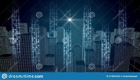 composition of binary coding processing over cityscape at night stock