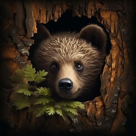 Premium Photo Little Bear Cub Peeking Out From A Hole