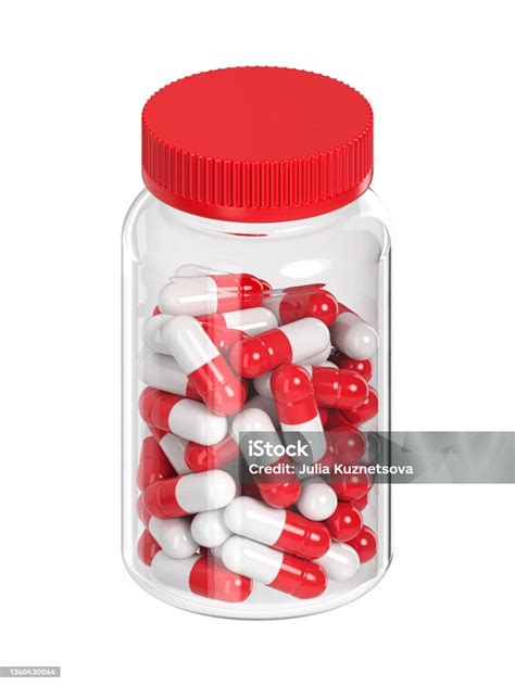 붉은 흰색 알 약의 고립 된 항아리 식이 보조 제와 함께 몸을 지원 약물의 생산 3d 렌더링 3차원 형태에 대한 스톡 사진 및 기타 이미지 Istock