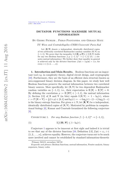 Pdf Two Dictator Functions Maximize Mutual Information