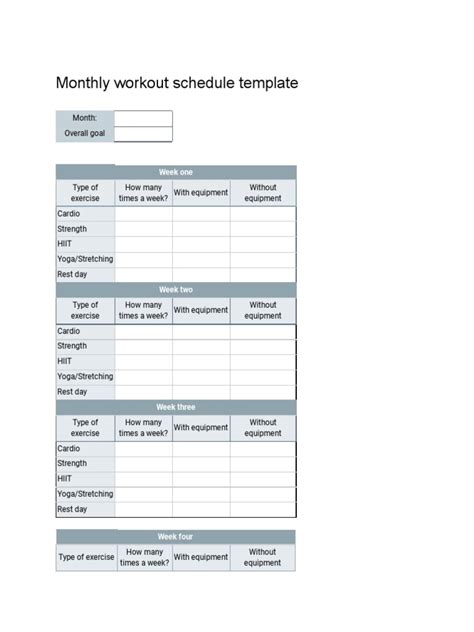 Monthly Workout Schedule Template Pdf