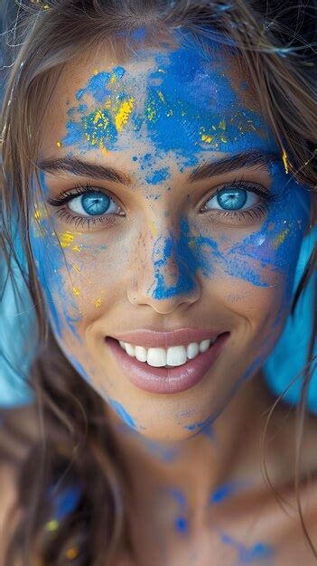 Premium Photo Gorgeous Woman Grinning While Doused In Vibrant Paint Blue Eyes Generative Ai