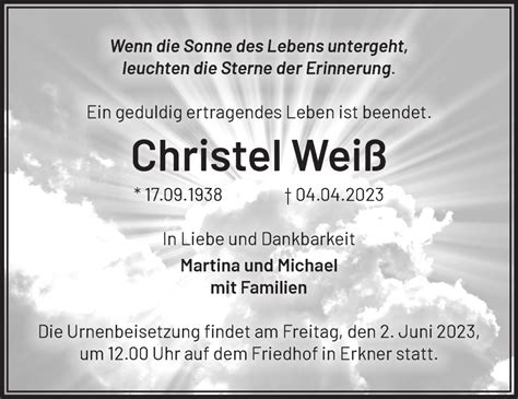 Traueranzeigen von Christel Weiß Märkische Onlinezeitung Trauerportal