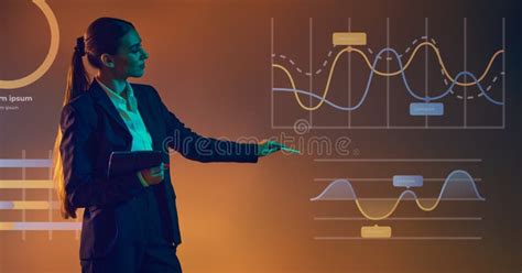 Confident Woman Explains Complex Data Backed By Colorful Visual Graphs