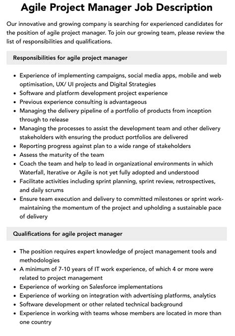 Agile Project Manager Job Description Velvet Jobs