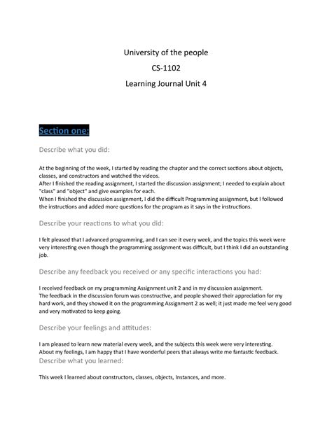 CS1102 Learning Journal Unit 4 University Of The People CS