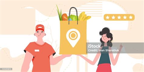 배달 개념 남성 택배기사가 식료품이 들어있는 패키지를 들고 있습니다 트렌디 한 스타일 벡터 가방에 대한 스톡 벡터 아트 및 기타