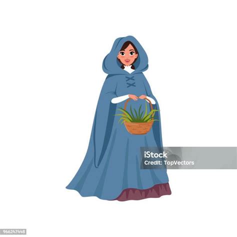 흰색 배경에 허브 벡터 일러스트 레이 션의 중세 드레스 들고 바구니에 젊은 여자 귀여운에 대한 스톡 벡터 아트 및 기타 이미지