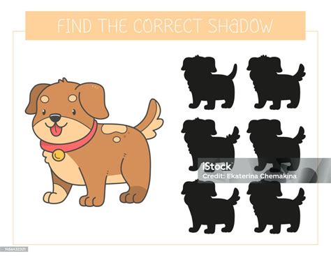 개와 함께 올바른 그림자 게임을 찾으십시오 아이들을위한 교육 게임 귀여운 만화 강아지 그림자 매칭 게임 벡터 그림입니다 그림자에