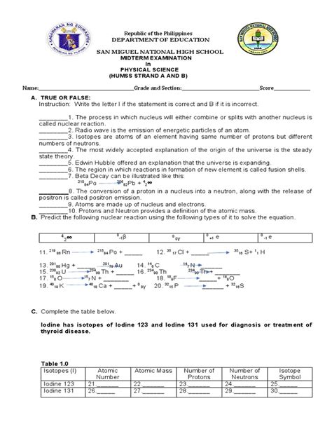 Physical Science Midterm Exam Pdf Neutron Atoms