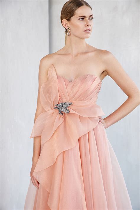 Mikael Araceli Long Evening Strapless Dress With Organza Fabric And