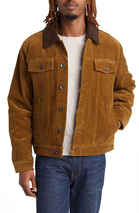 Brixton Builders Faux Shearling Lined Corduroy Trucker Jacket Khaki