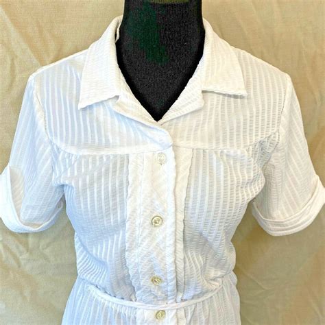 Vintage Nurse Uniform Dress Size L Seersucker Texture Gem