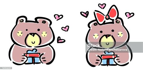 벡터 일러스트 선 손으로 그린 소녀와 소년 곰 선물 및 심장 표지판세트 세인트 발렌타인 데이 개념 사랑 디자인 인사말 카드 배너 전단지 등에 적용 할 수 있습니다 곰에 대한