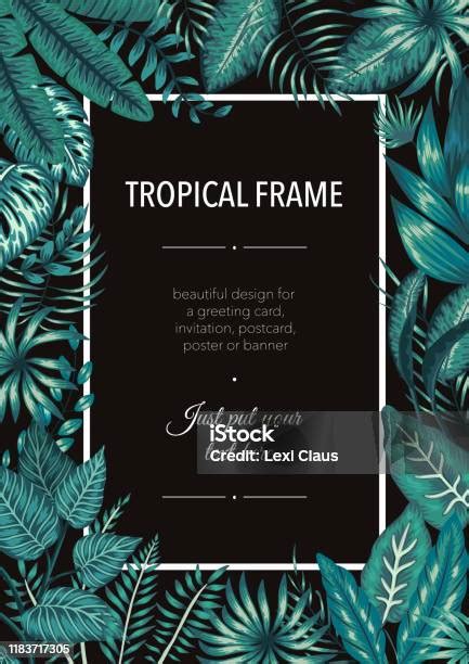 검은 배경에 열대 에메랄드 녹색 잎벡터 프레임 템플릿입니다 텍스트에 대한 장소가있는 수직 레이아웃 카드 초대 결혼식 파티 프로모션 이벤트를위한 봄 또는 여름 디자인 복고풍에