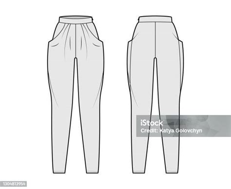 하렘 팬츠 테크니컬 패션 일러스트와 통상의 허리 하이라이즈 슬래시 포켓 드레이핑 프론트 풀 길이 바지 의복에 대한 스톡 벡터 아트 및 기타 이미지 Istock
