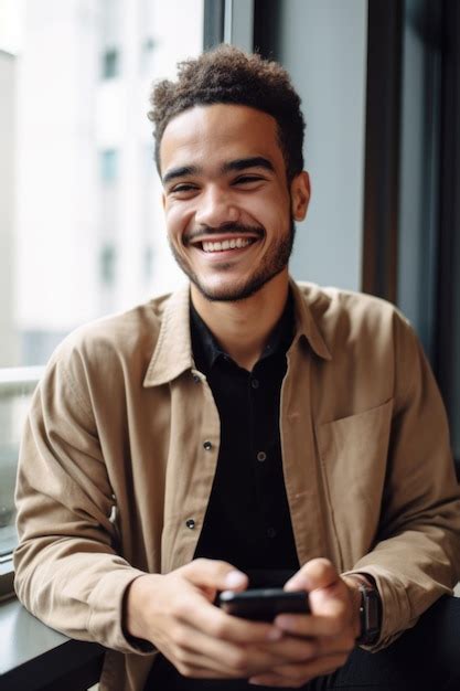 Premium Ai Image Young Happy Mixed Race Man Using A Mobile Phone