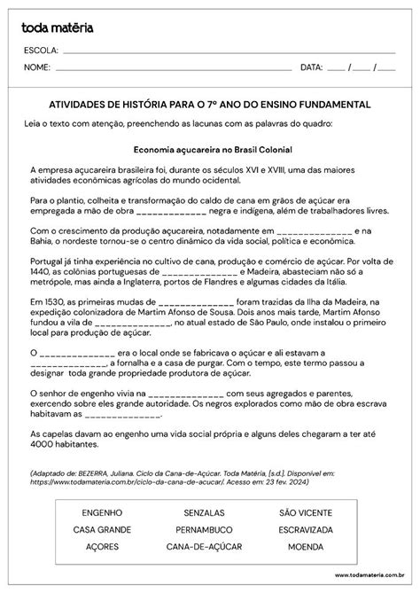 Atividades De História Para O 7º Ano Com Respostas Toda Matéria