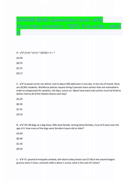 Asvab Math Questions Pool With Verified Questions And Answers Asvab Stuvia Us