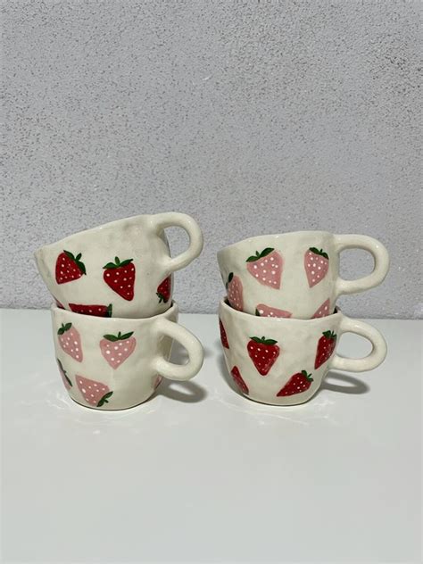 Handmade Light Pink Strawberry Ceramic Mug With Handle Etsy