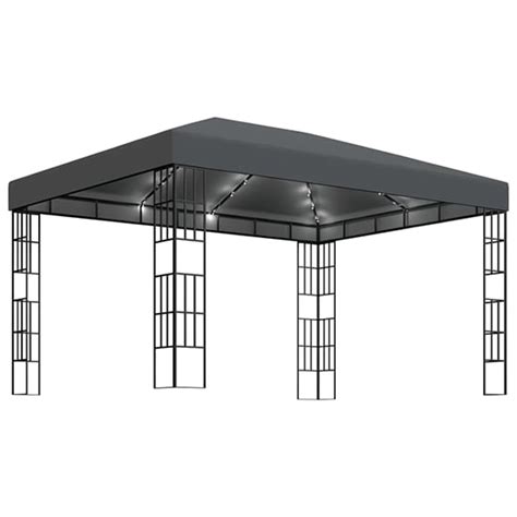 Piav Large Fabric Gazebo In Anthracite With Led String Lights