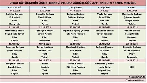 Mayıs 2025 Yemek Listesi Ordu Öğretmenevi ve Akşam Sanat Okulu
