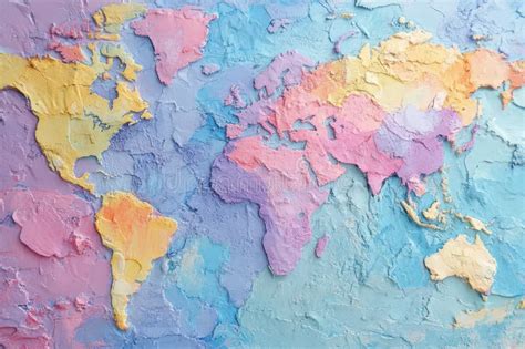 Colorful Textured World Map Art In Pastel Hues On A Wall Stock Image
